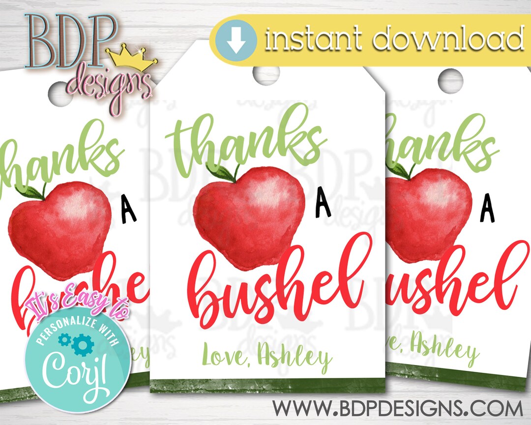 Apple Favor Tag Thanks a Bushel Apple Thank You Tag Apple - Etsy