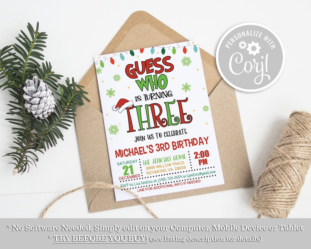 Guess Who is Turning Three Invitation, Christmas Birthday Invitation ...
