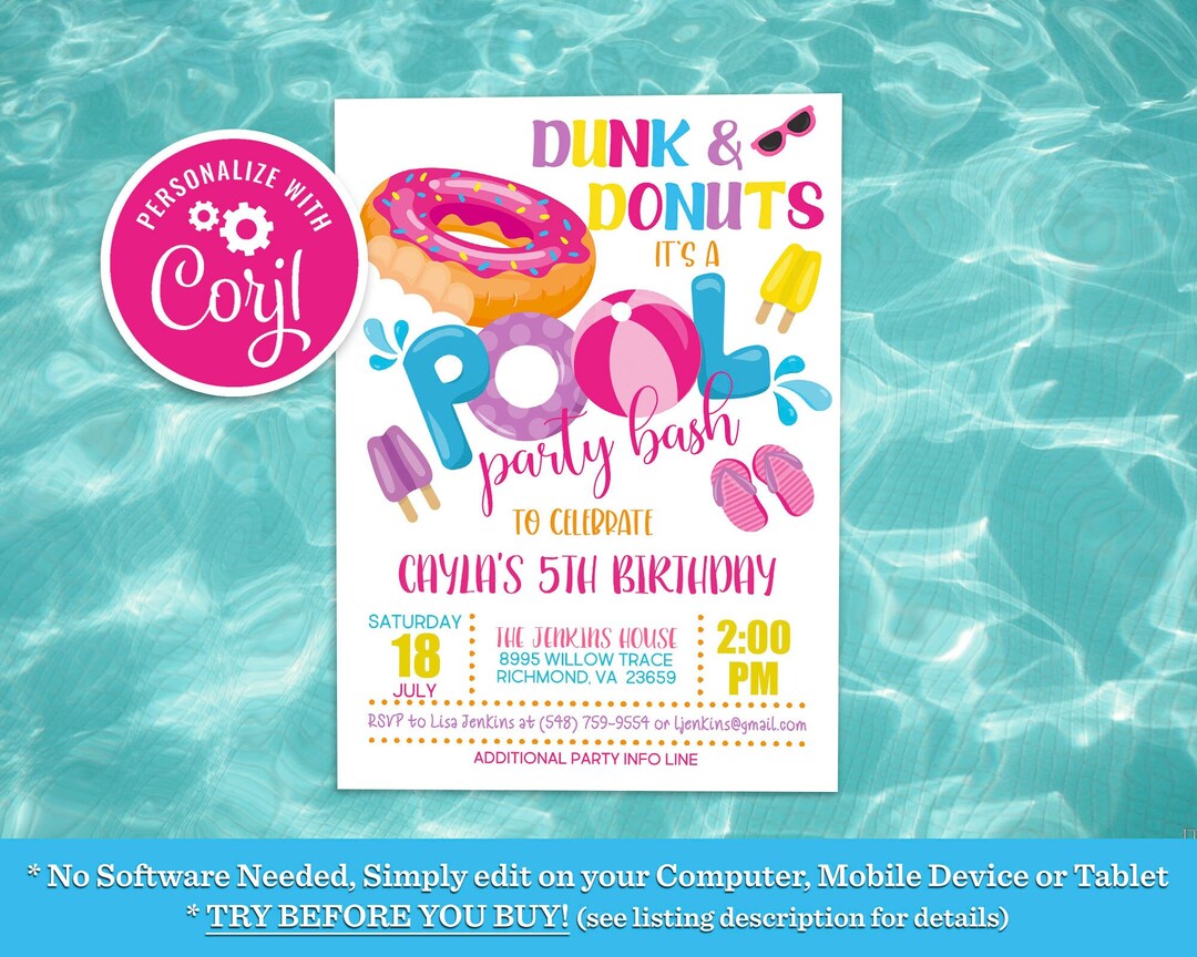 Donut Pool Party Invitation: Editable Birthday Dunk, Girl's Bash ...