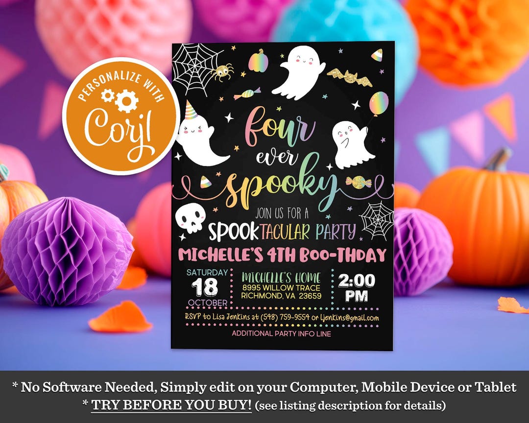 Editable Four Ever Spooky Halloween Pastel Girl Ghost 4th Birthday ...