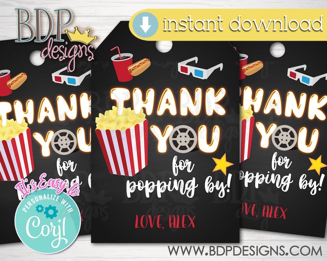 Movie Night Favor Tag, Thanks for Popping by Tags, Movie Night Favors ...