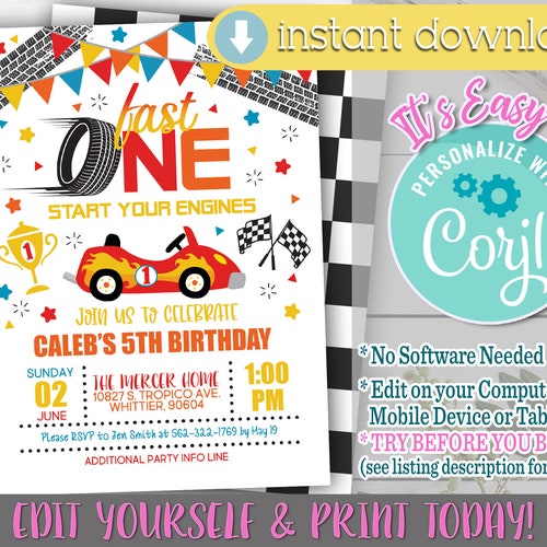 Fast ONE Race Car Birthday Invitation First 1st Birthday - Etsy