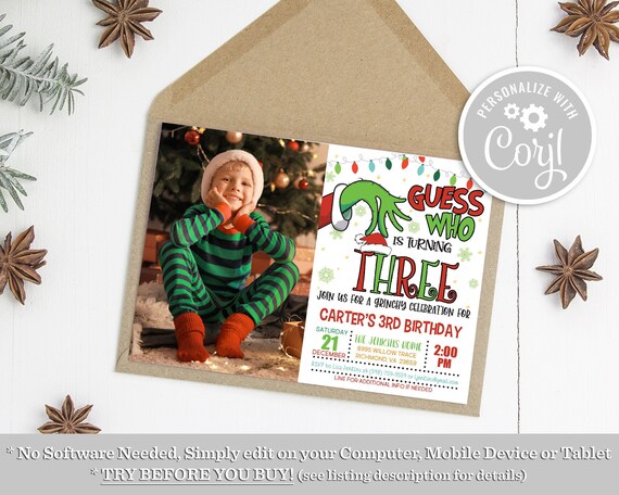 Guess Who is Turning Three Invitation, Christmas Birthday Invitation ...
