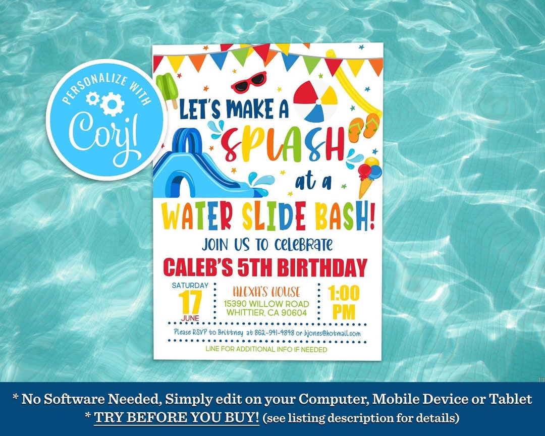 Editable Waterslide Birthday Party Invitation, Water Slide Bash Summer ...