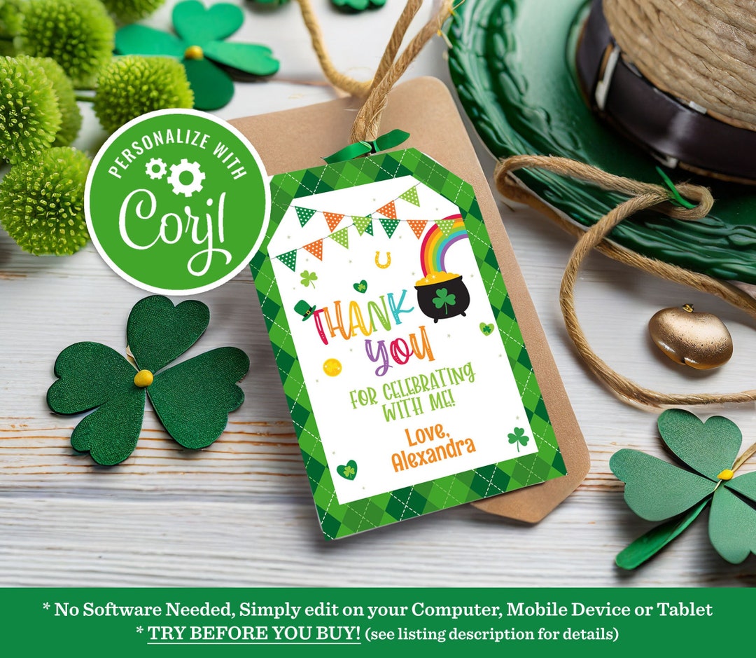 Editable St Patricks Day Favor Tag Rainbows Shamrocks and Pots of Gold ...
