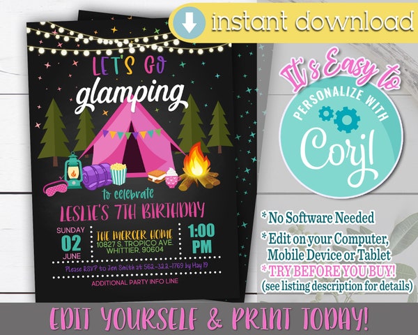 Let's Go Glamping Birthday Invitation, Editable Glamping Invite, Digital Download, Camping ...