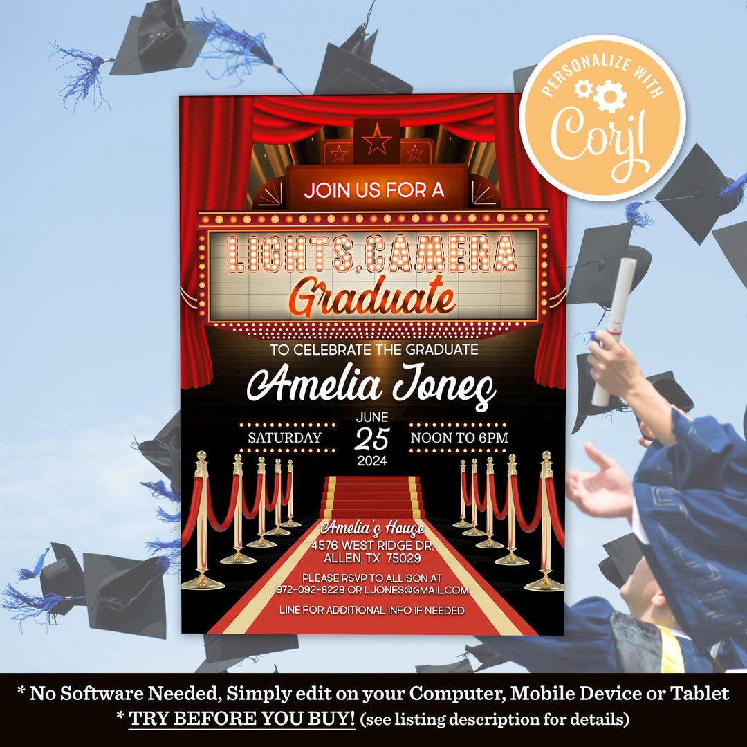 Editable Hollywood Graduation Party Invitation, Hollywood Red Carpet ...