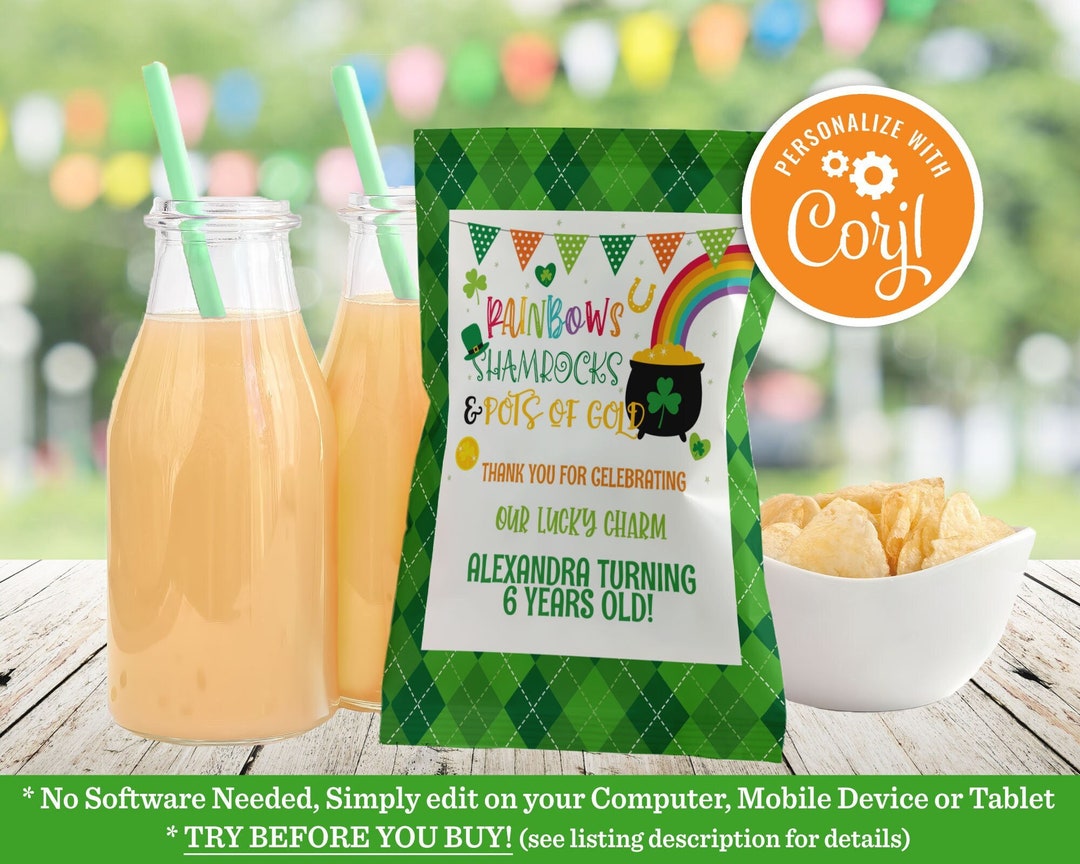 Editable St Patricks Day Chip Bag Favor Gift Label Rainbows Shamrocks ...