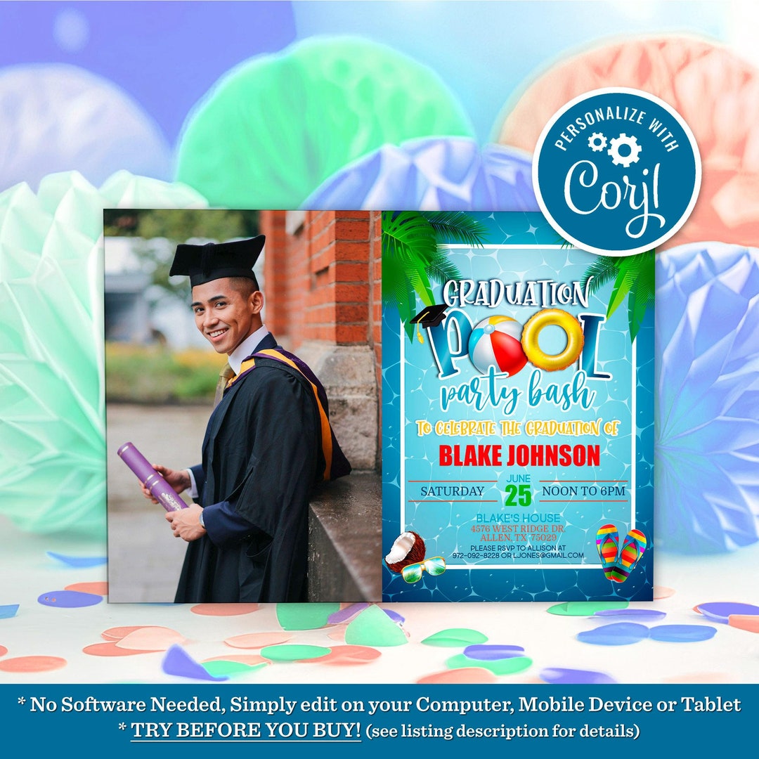 Graduation Pool Party Invitation High School or College Graduation Swim ...