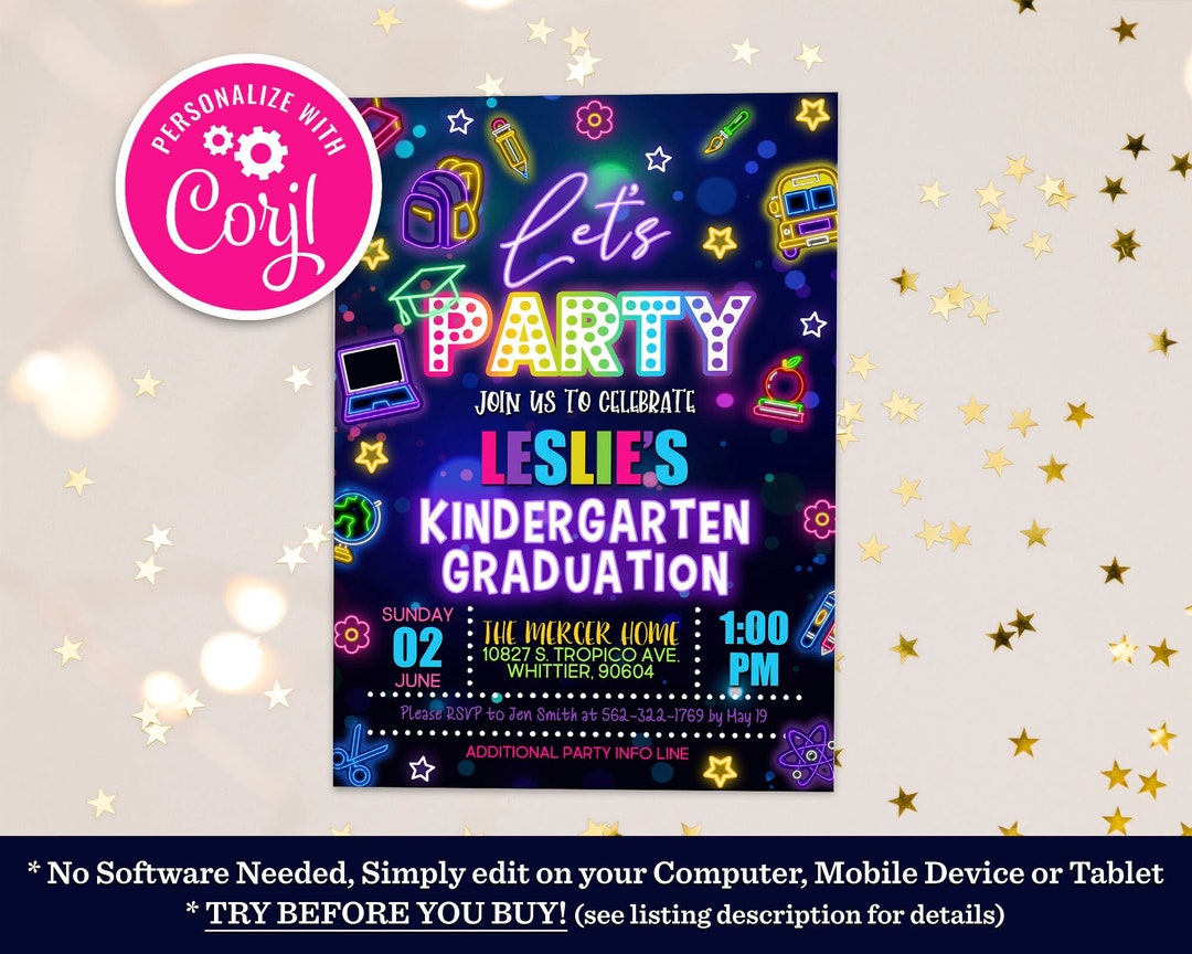 Editable Neon Kindergarten Graduation Party Invitation Template ...