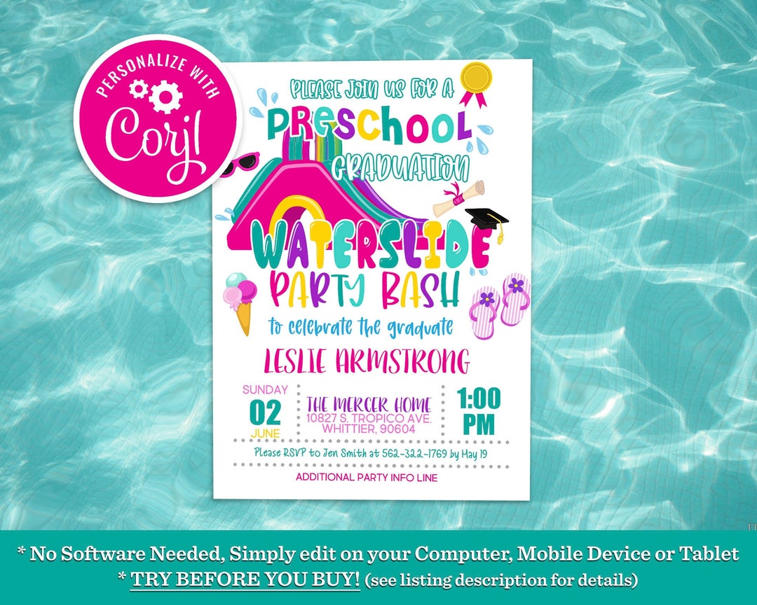 Editable Preschool Waterslide Graduation Invitation, Preschool ...