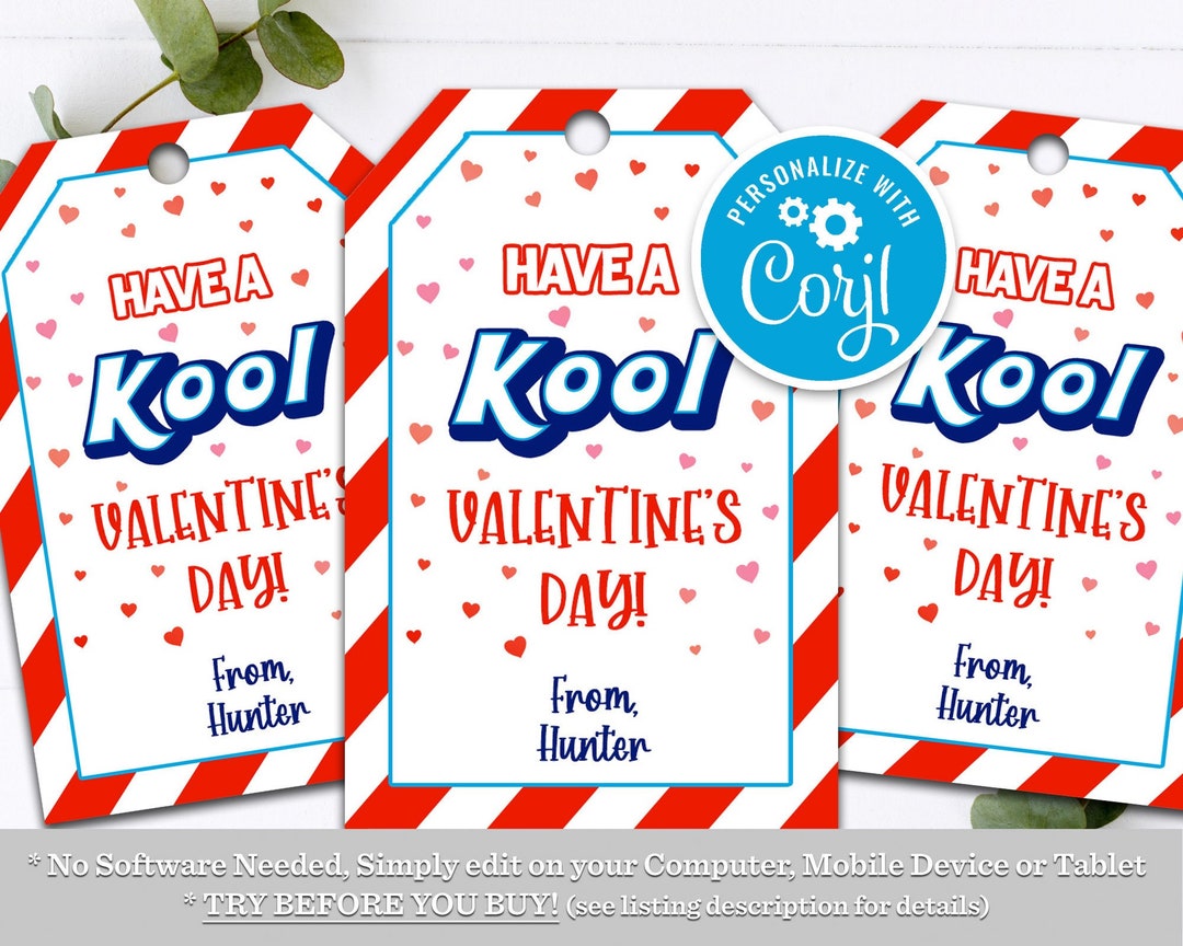 Kool Valentine's Day Favor Tags: Printable Classroom Gift (digital ...