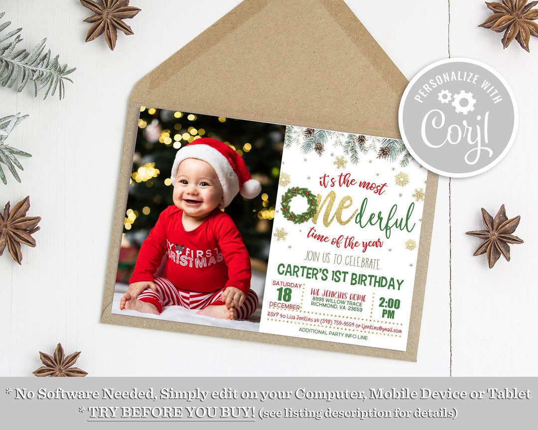 Christmas First Birthday Invitation, It's the Most Onederful Time of ...