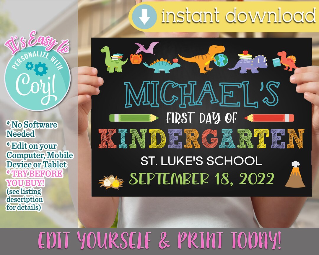 Dinosaur First Day of Kindergarten Sign, First Day of Kindergarten ...