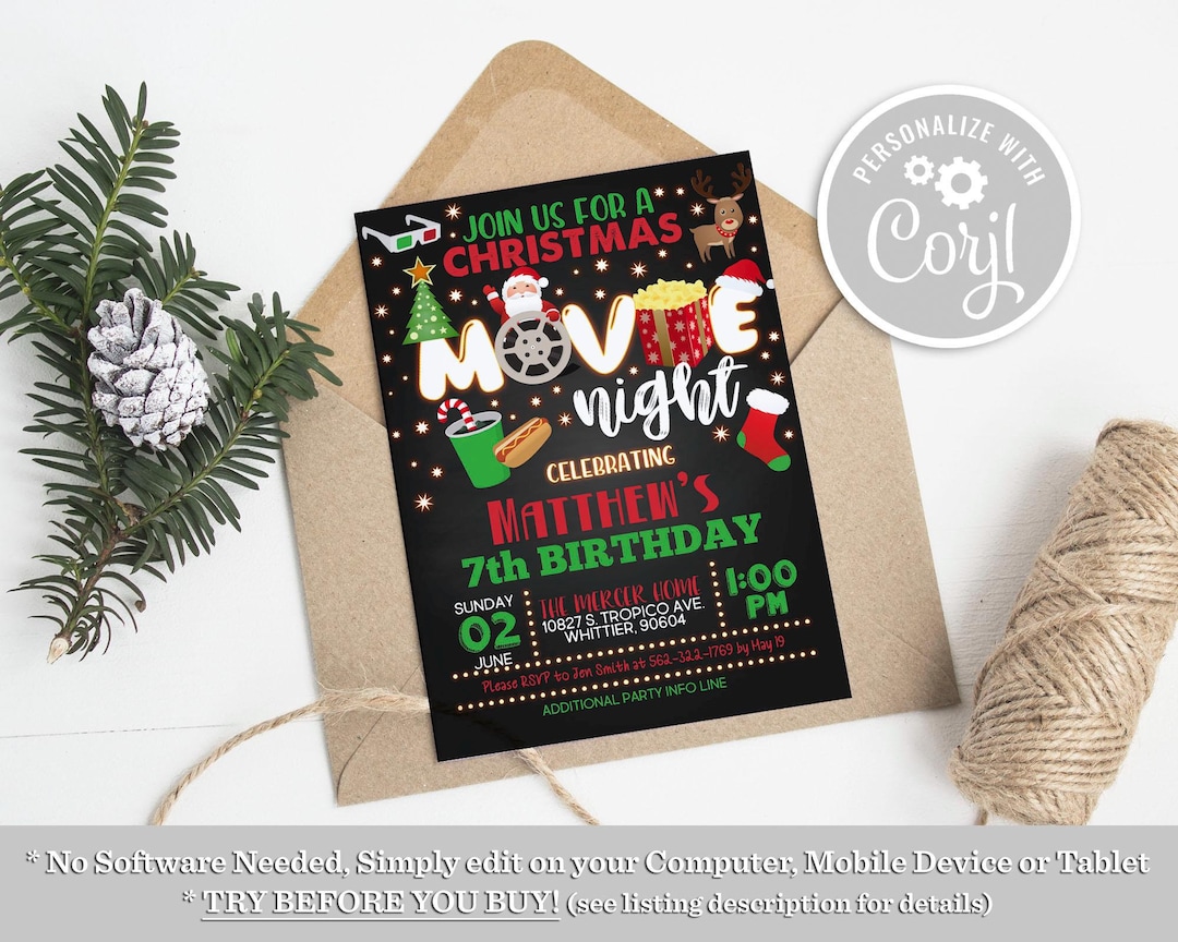 Christmas Movie Night Invitation Christmas Holiday Family Movie Night ...