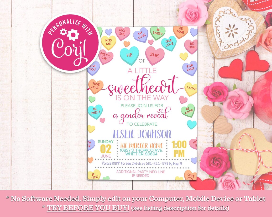 Conversation Hearts Gender Reveal Invitation: Sweetheart Baby Shower ...