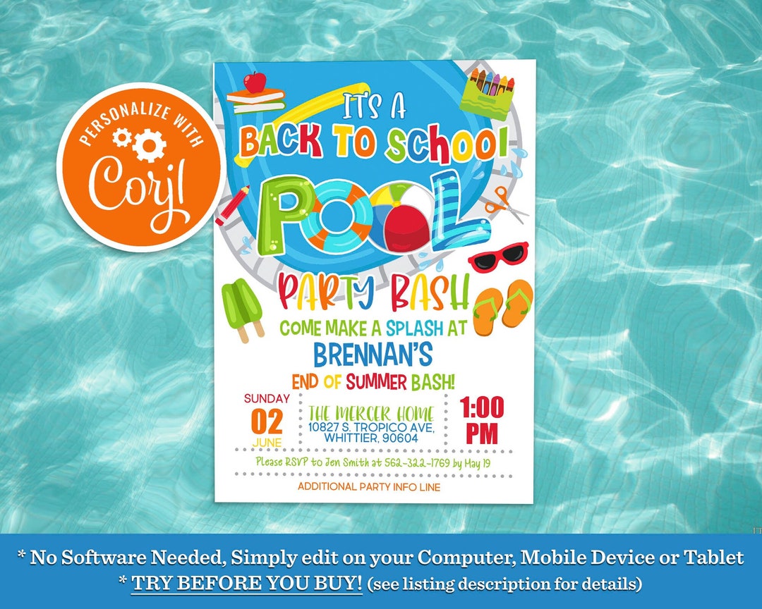Back to School Pool Party Invitation End of Summer Goodbye Summer Hello ...