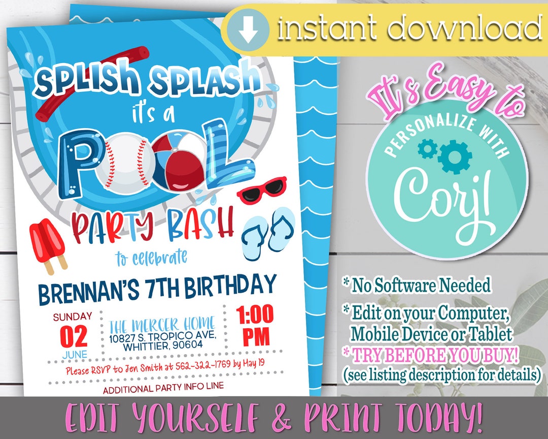 Baseball Pool Party Invitation, Baseball Pool Party, Pool Party Invite ...