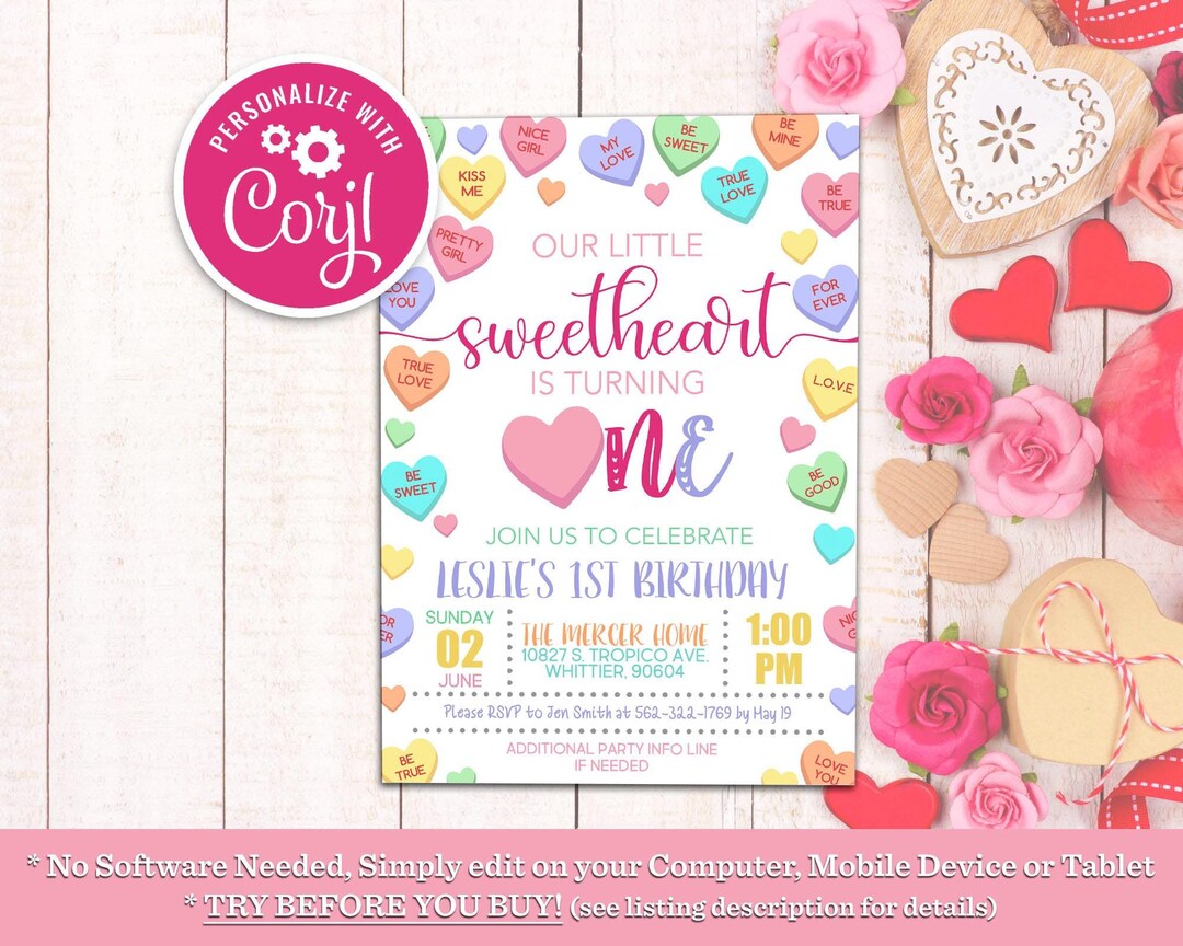Editable Conversation Hearts 1st First Birthday Invitation, Valentines ...