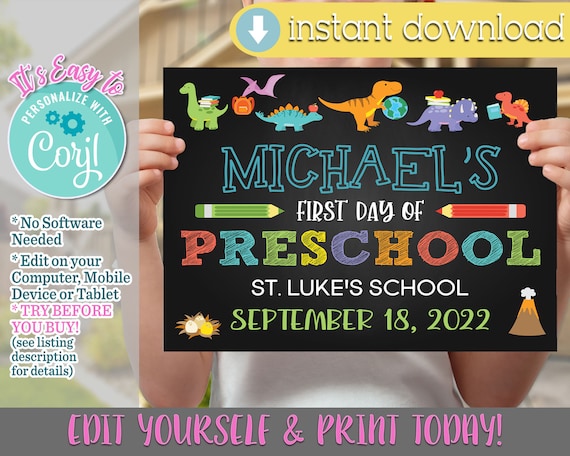 Dinosaur First Day of Preschool Sign, First Day of Preschool, Dinosaur ...