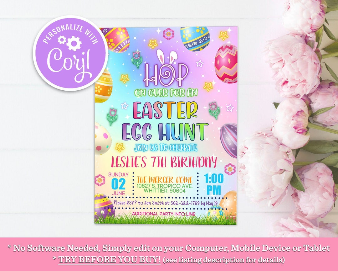 Editable Easter Egg Hunt Invitation Glow in the Dark Hop on Over Easter ...