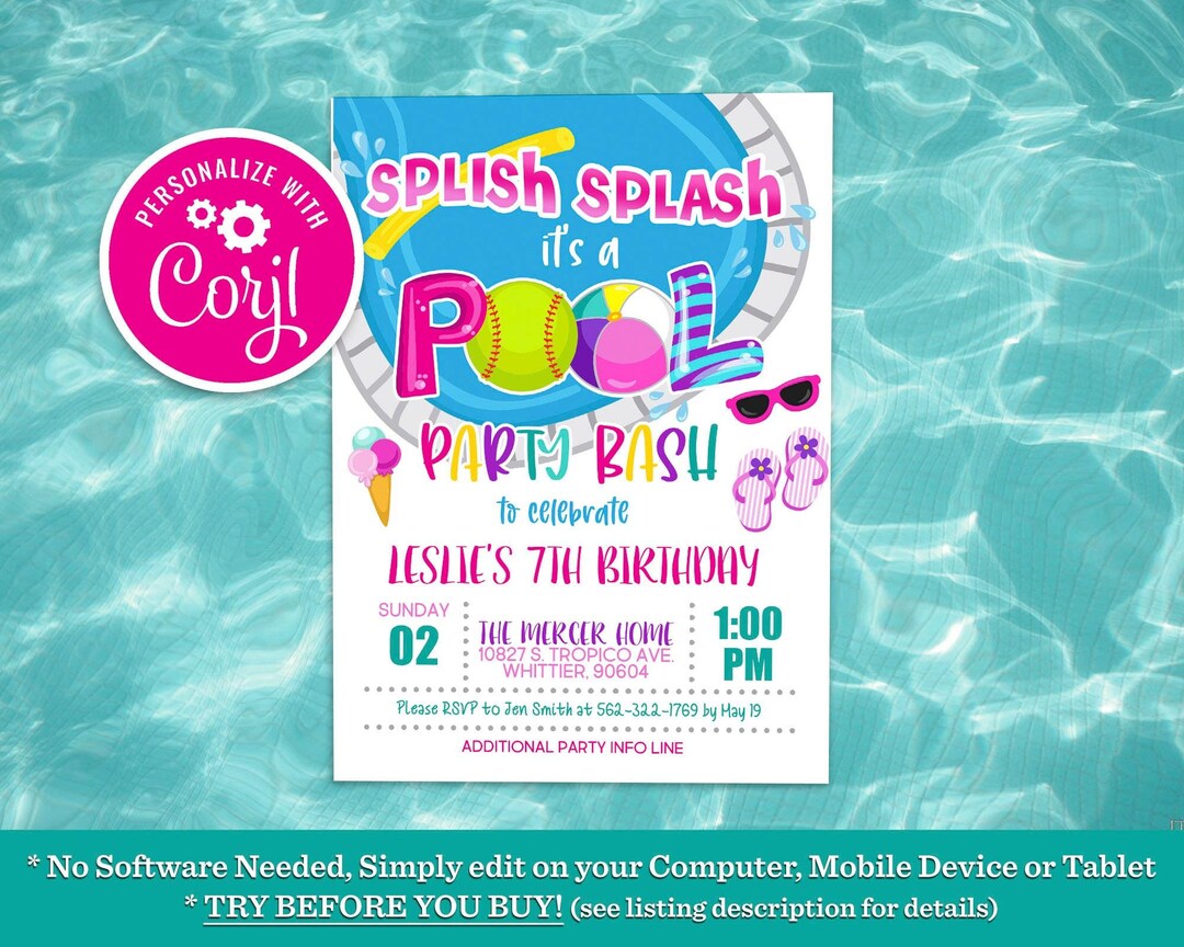 Softball Pool Party Invitation: Pink Summer Birthday (editable ...