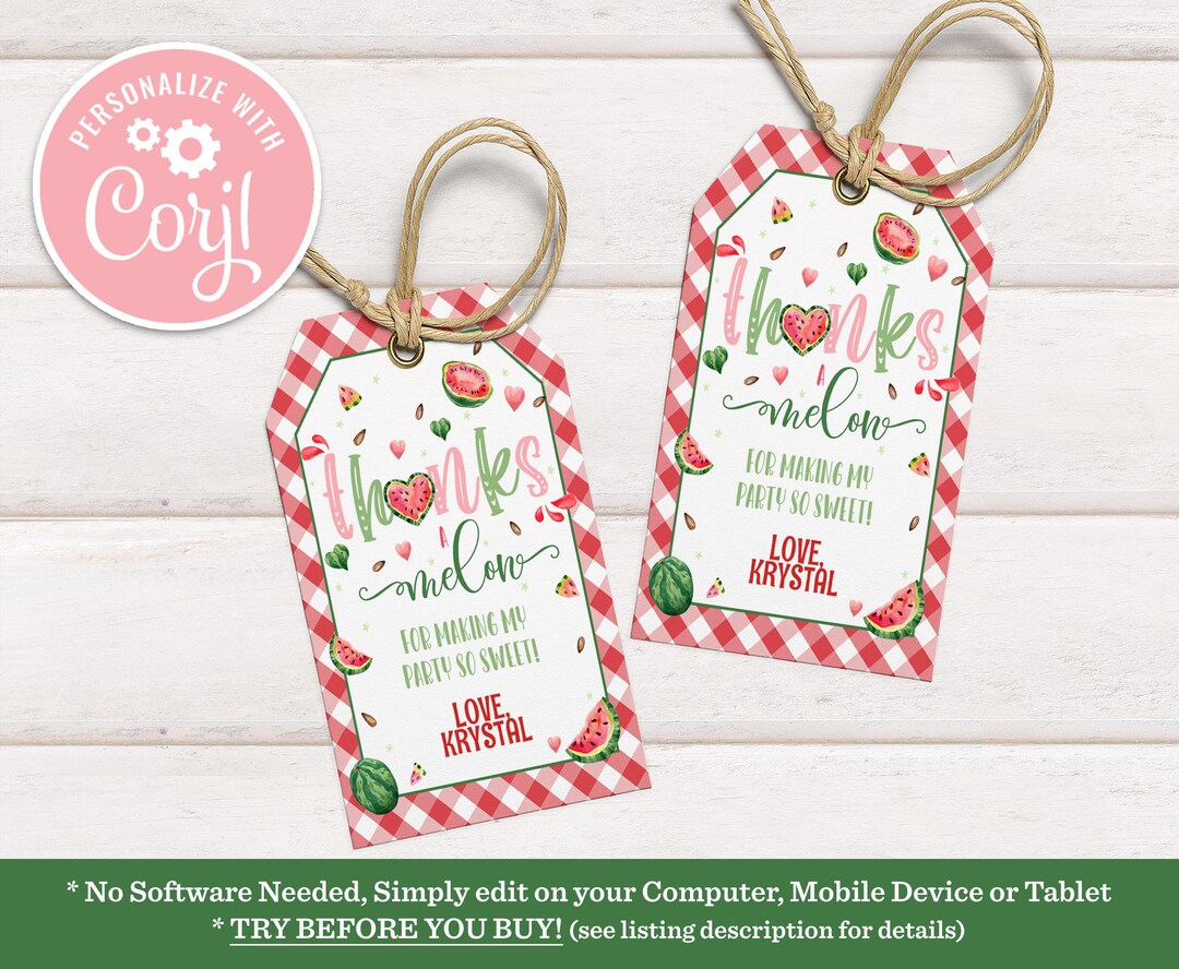Thanks a Melon Pink Watermelon Favor Gift Tags One in a Melon Party ...