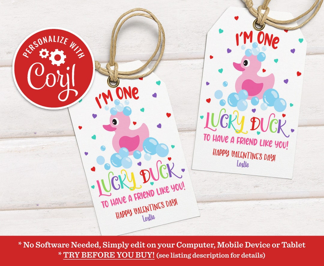 Editable Rubber Duck Valentine's Gift Tag I'm a Lucky Duck Non Candy ...