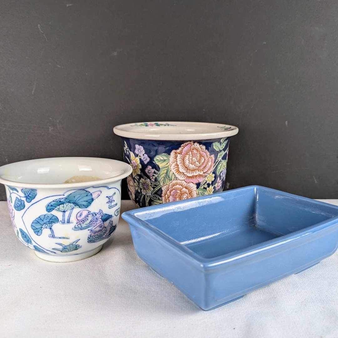 Vintage Haeger Planter Set: Blue Floral Chinoiserie Plant Pots - Etsy