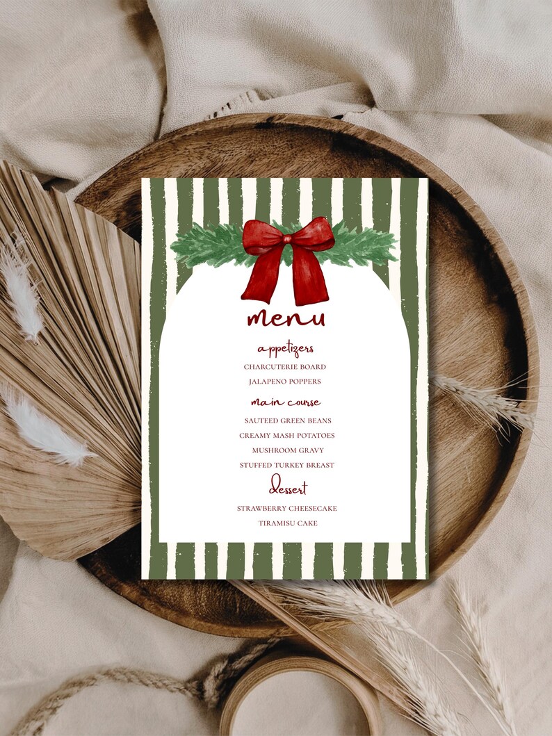 Editable Christmas Dinner Menu Template, Red Bow and Green Stripes ...