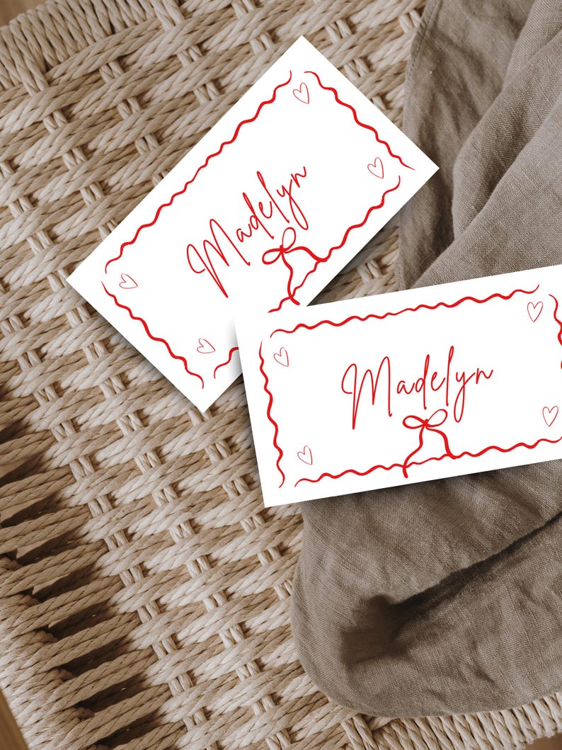 Valentine Name Cards, Red Galentine Bow Place Card, Personalized Party ...