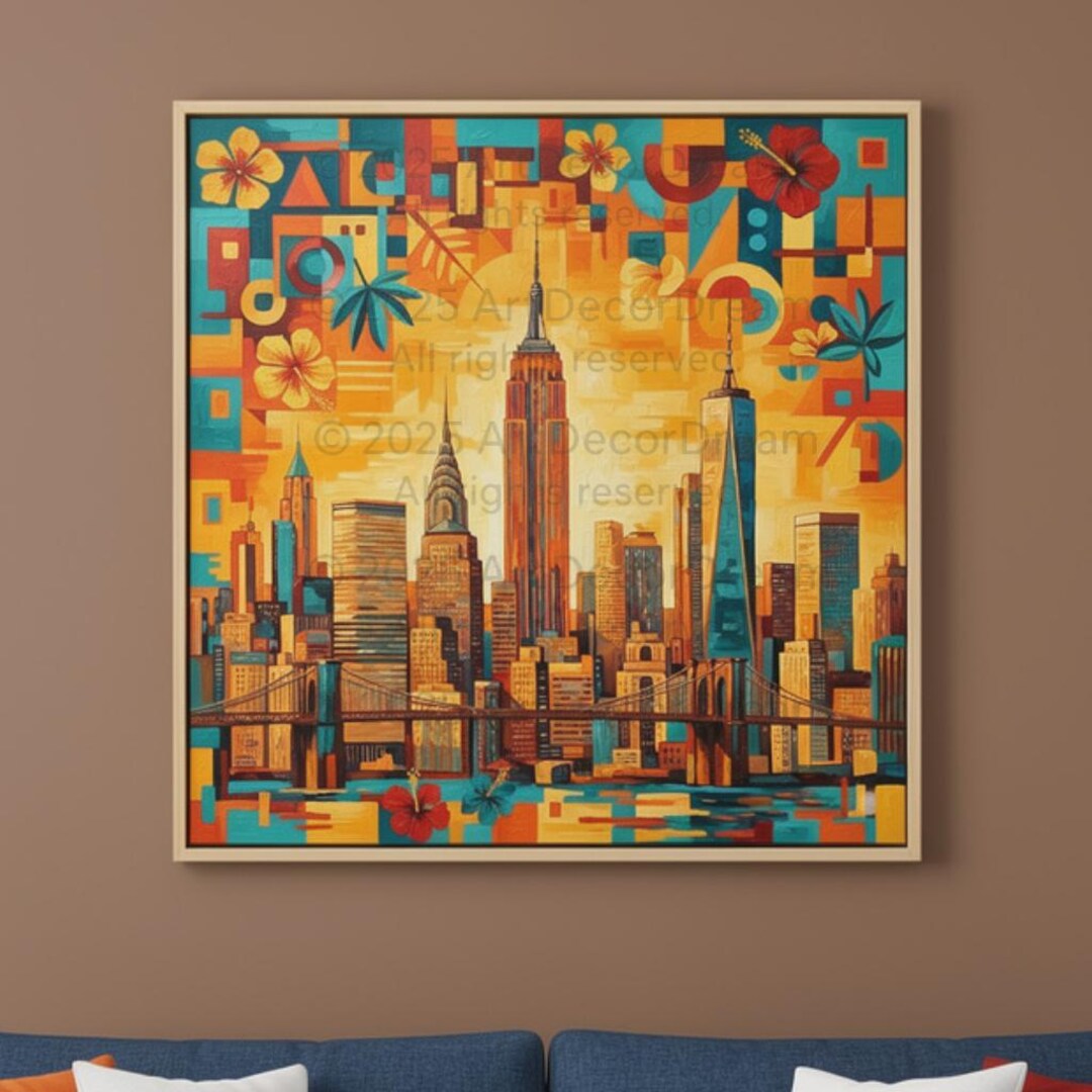 Abstract NYC Skyline With Hibiscus Flowers - Digital Download - Etsy