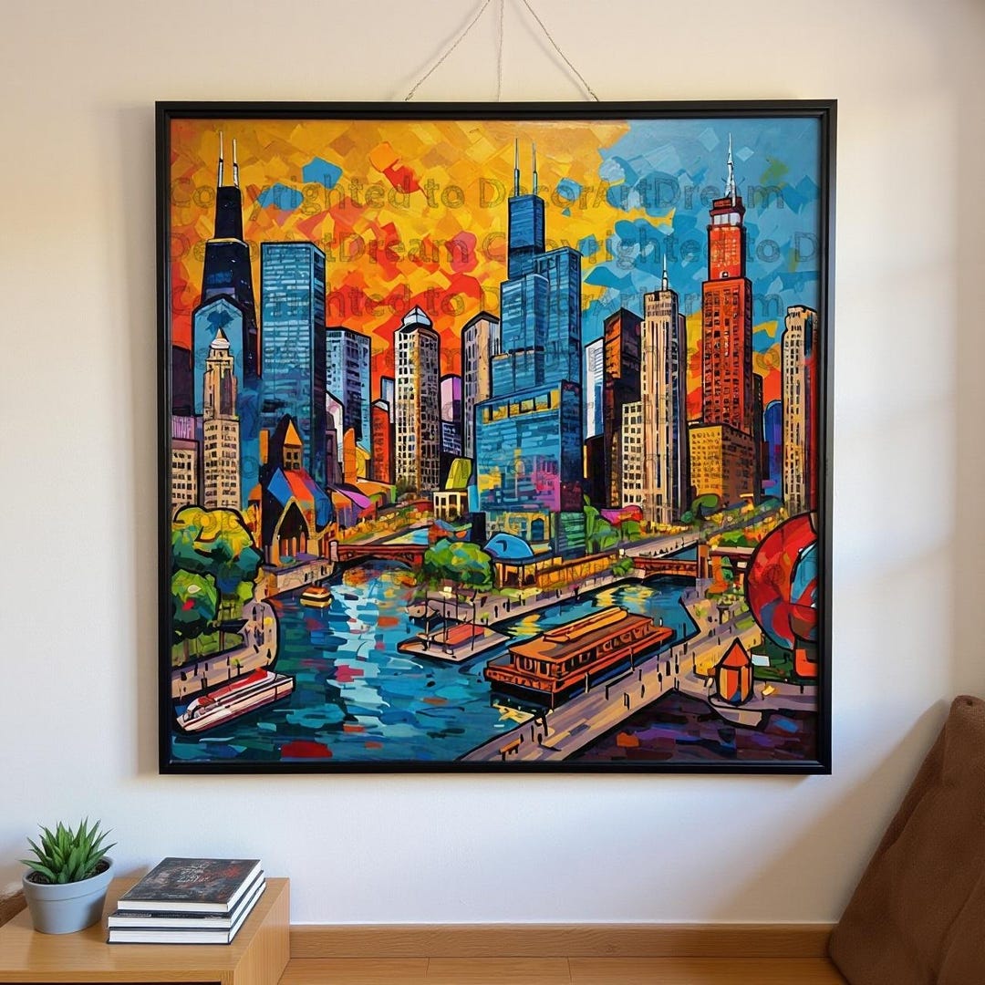 Chicago Skyline Abstract Art Print: Colorful Cityscape (digital ...