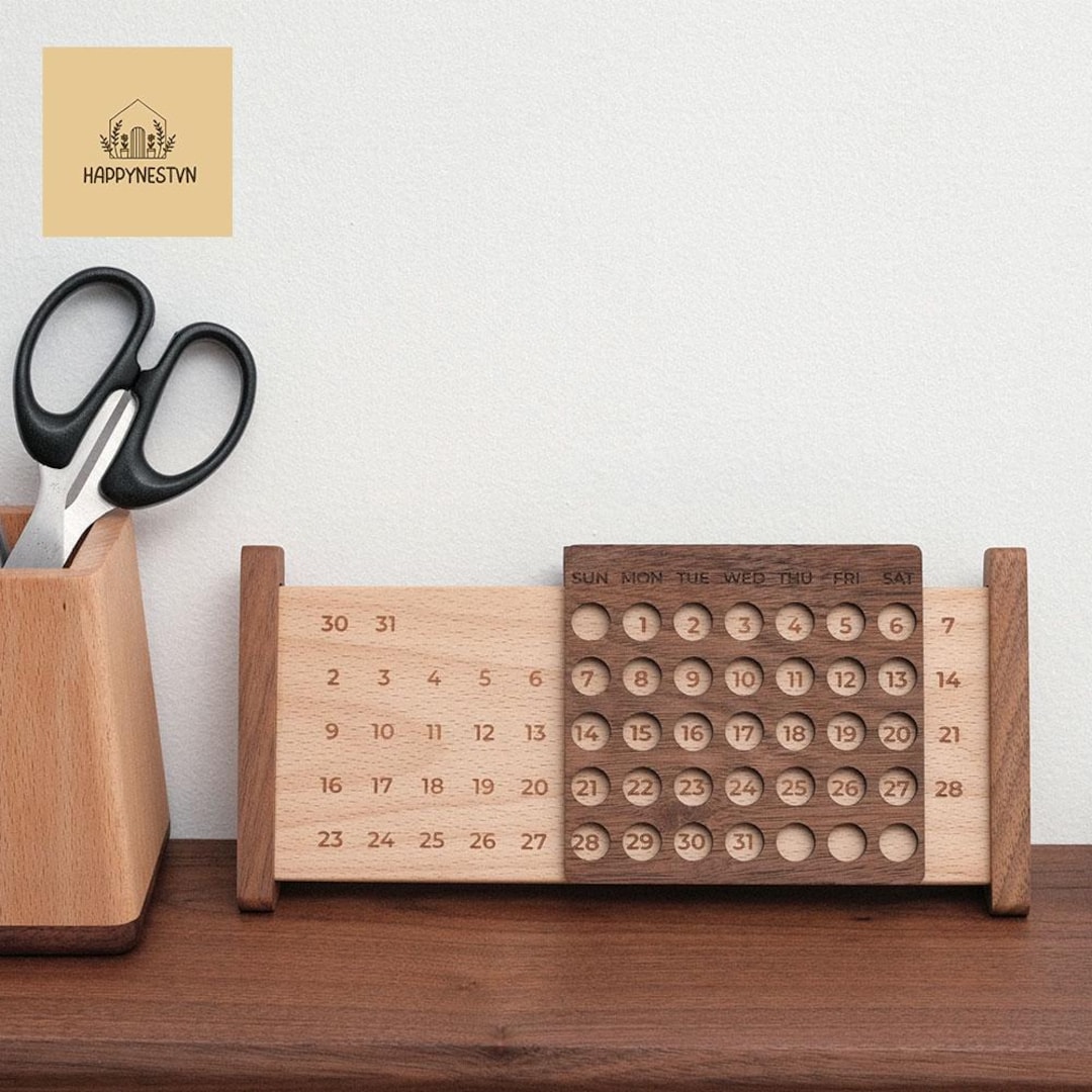 Handmade Beech & Walnut Wooden Perpetual Calendar, Minimalist Desk ...