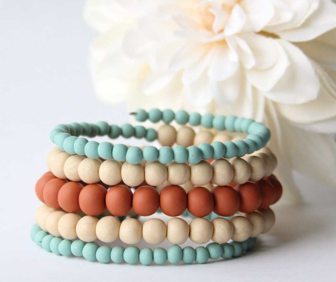 Burnt Orange, Ivory, and Turquoise Polymer Clay Beaded Memory Wire ...