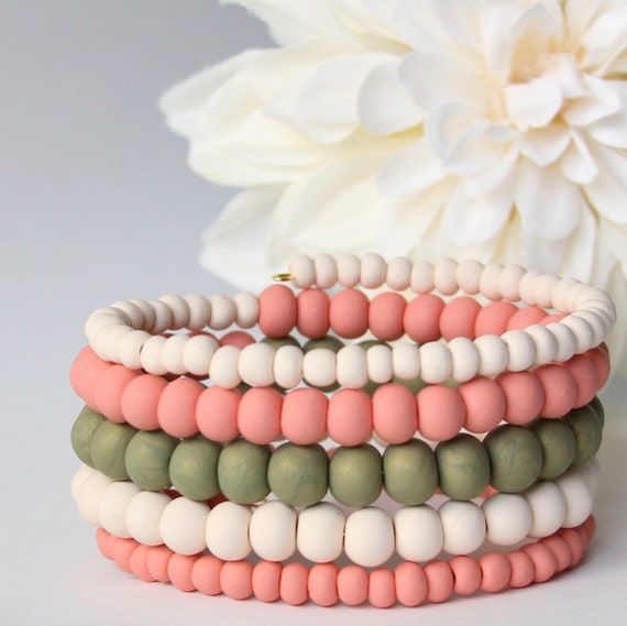 Green Pink and Ivory Beaded Polymer Clay Memory Wire | Etsy