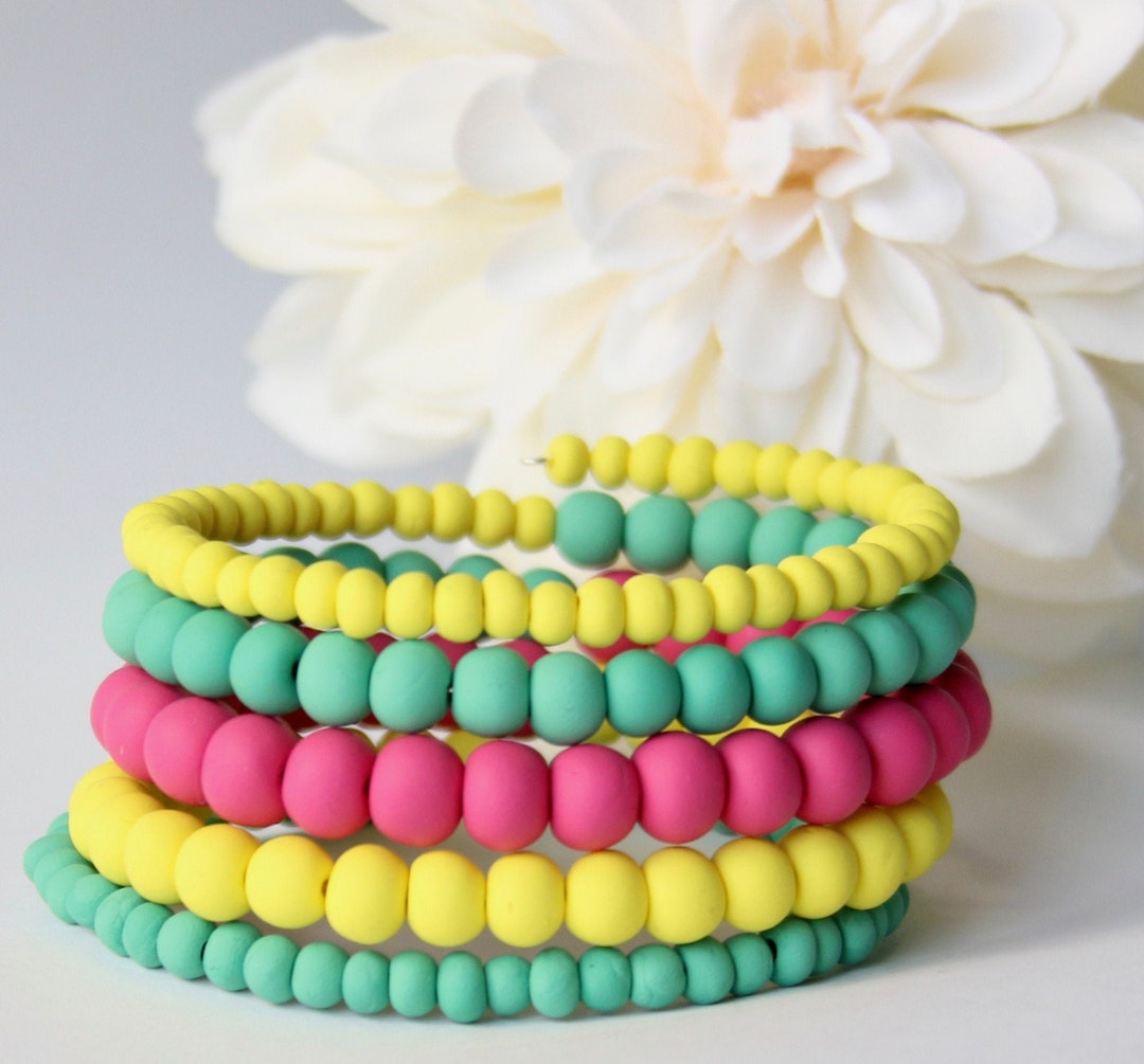 Pink, Green, and Yellow Beaded Polymer Clay Memory Wire Bracelet; Great ...