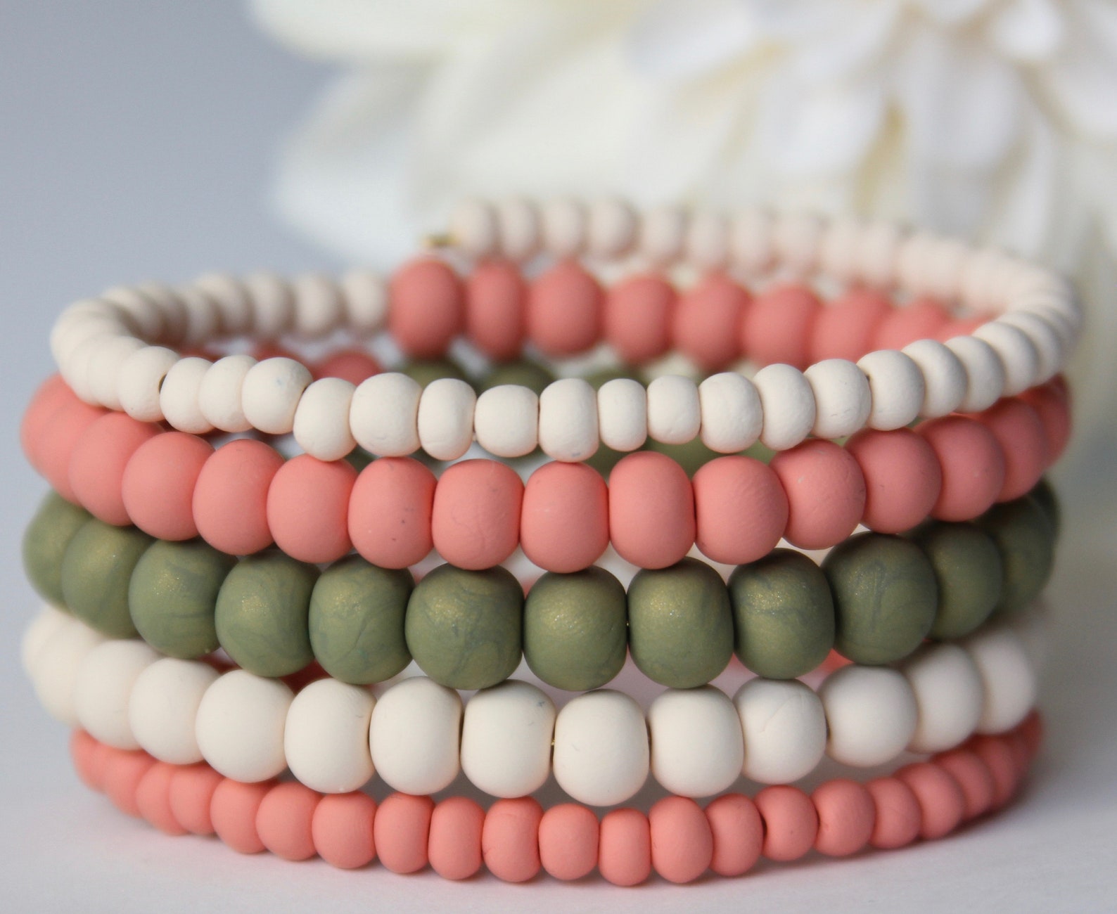 Green, Pink, and Ivory Beaded Polymer Clay Memory Wire Bracelet; Great ...