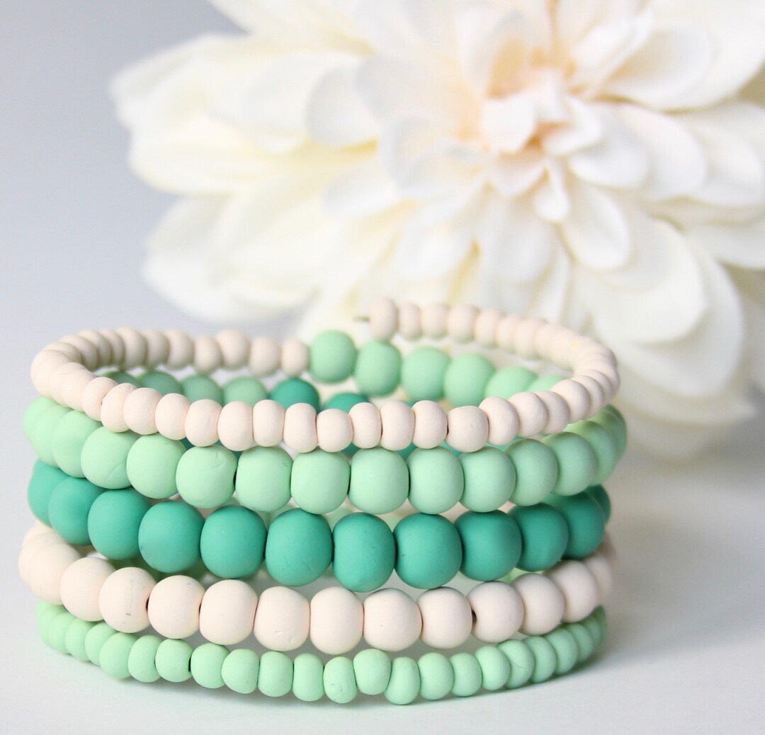 Green and Ivory Beaded Polymer Clay Memory Wire Bracelet Great Gift For ...