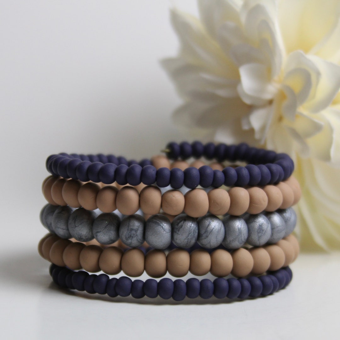 Handmade Polymer Clay Memory Wire Bracelet: Silver, Tan & Navy - Etsy