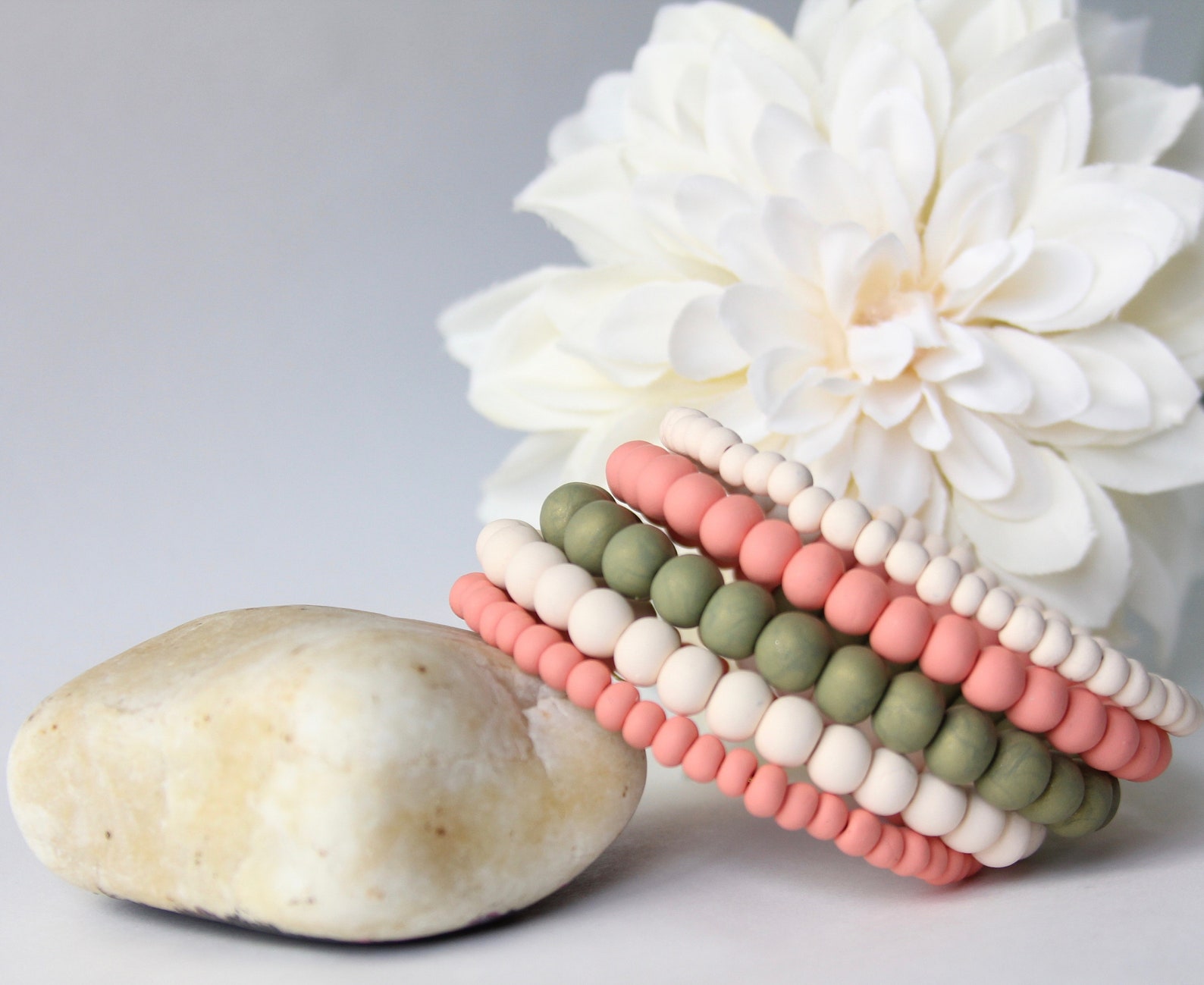 Green, Pink, and Ivory Beaded Polymer Clay Memory Wire Bracelet; Great ...