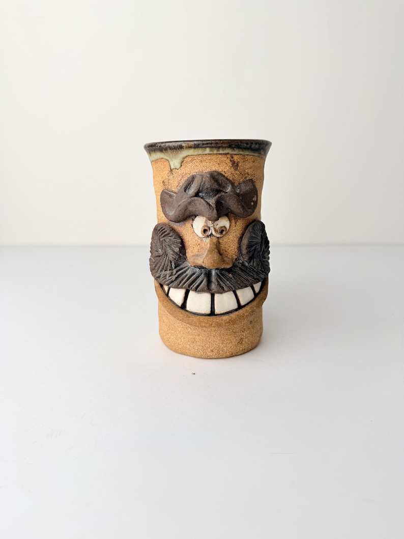 Vintage Signed Funny Face Pottery Mug – Hand Sculpted Folk Art ...