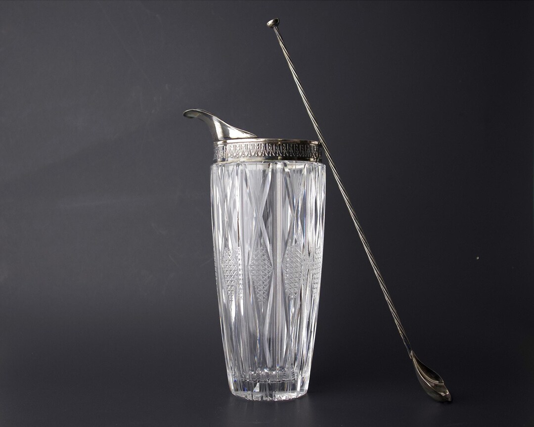 Mid Century Cut Crystal Cocktail Mixer 800 Silver Mount Stirrer Italian ...