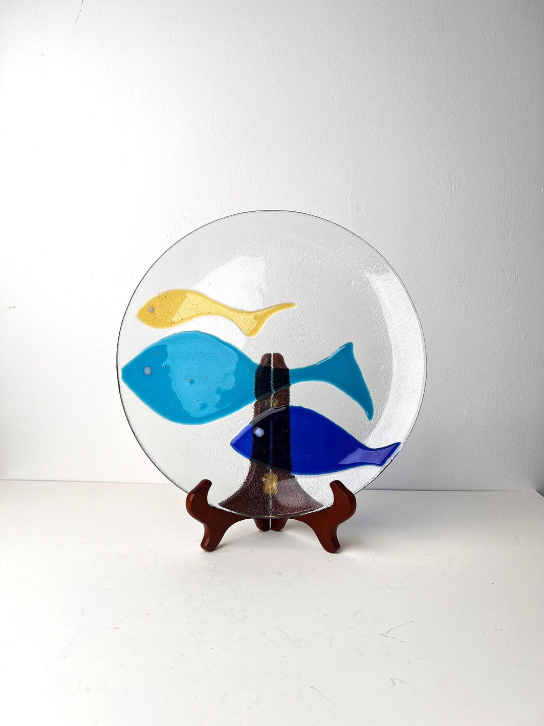 Vintage Fused Glass Fish Plate – Handmade Coastal Art Decor – Sea Glass ...