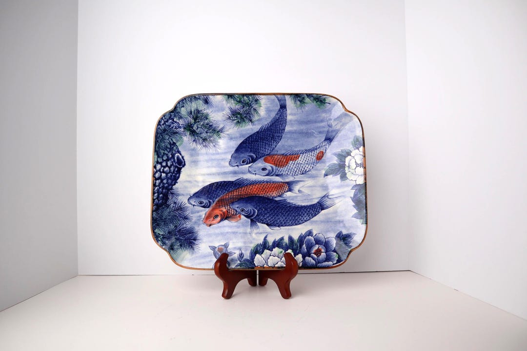 Vintage Japanese Koi Fish Plate Blue White Porcelain 12.5” Serving ...