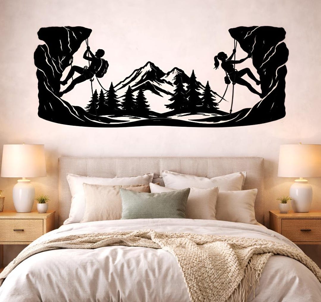 Rock Climbing Wall Art Metal Decor, Mountain Climber Couple Scene ...