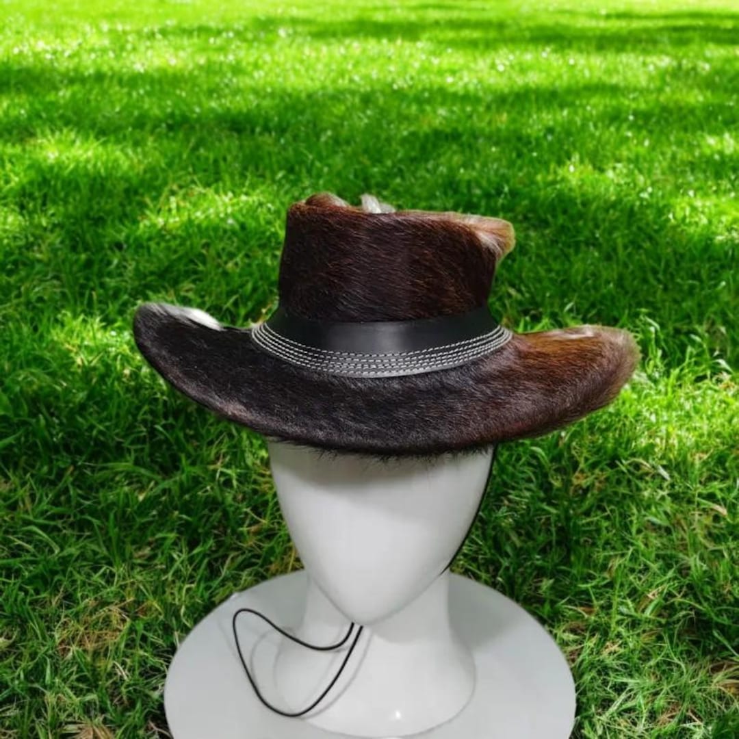 Handmade Cowboy Hat, Genuine Cowhide Leather, Black Brown Hair on Hide ...