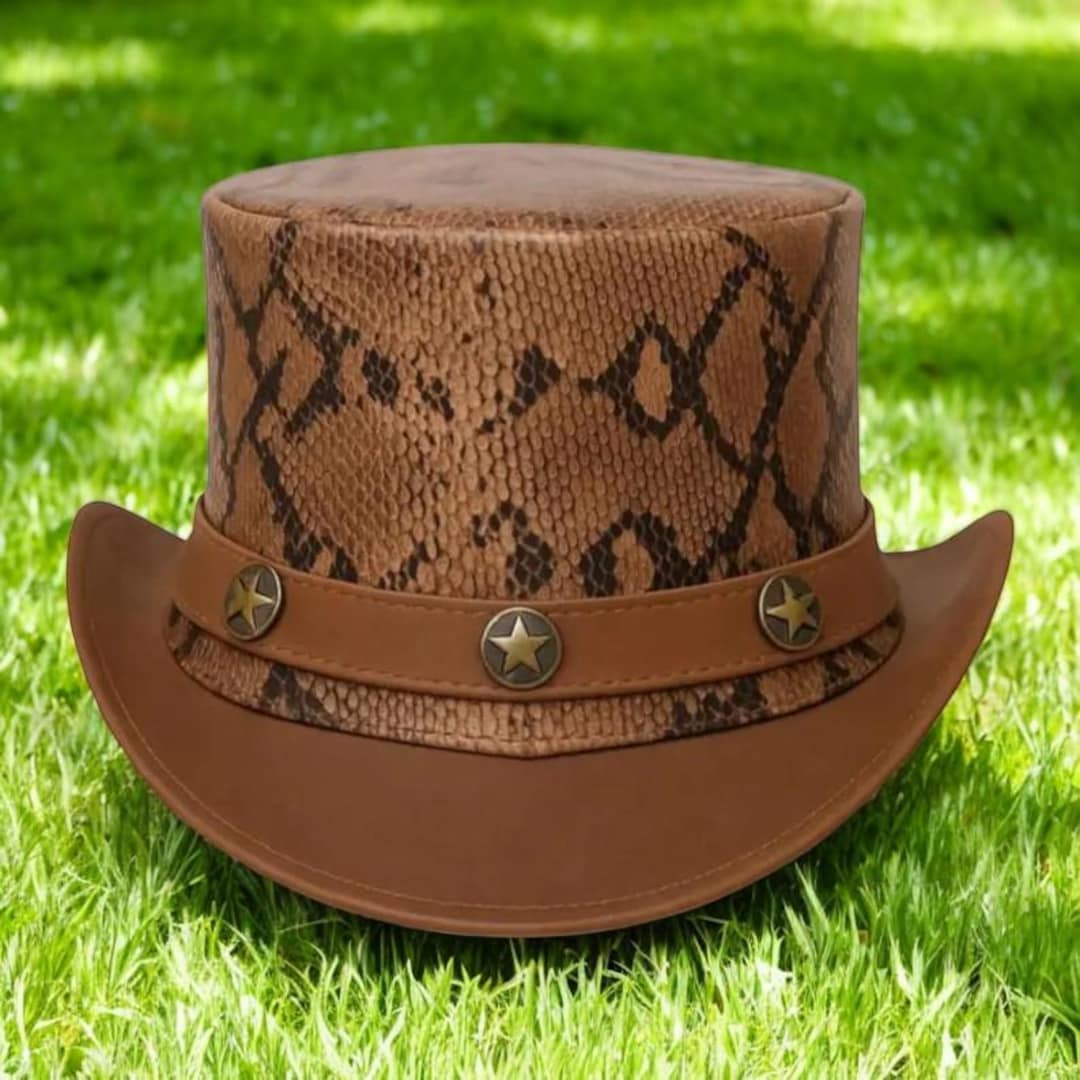 Handmade Leather Top Hat, Brown Snakeskin Embossed Cowhide, Star Concho ...