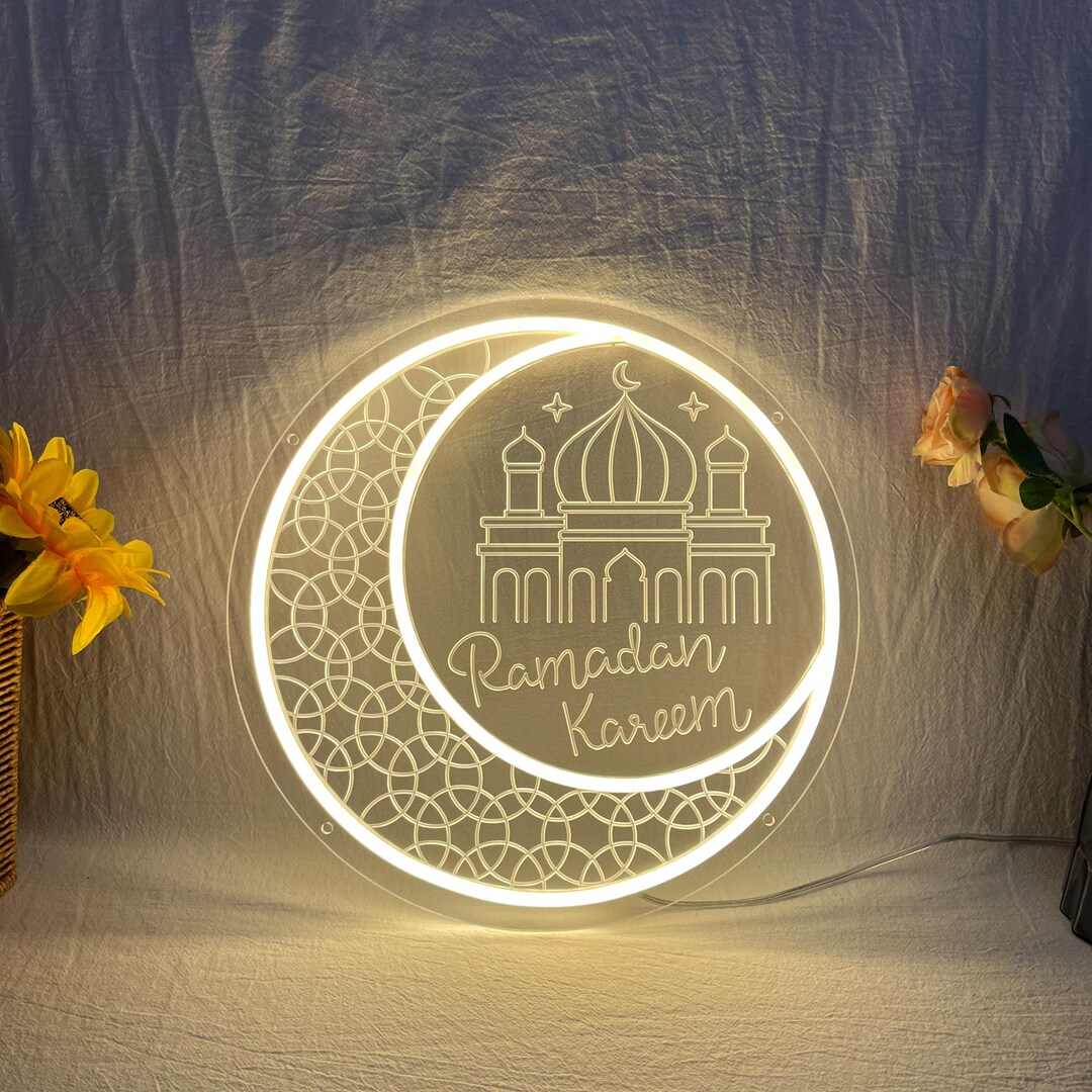 Ramadan Kareem Crescent Moon Mosque Neon Sign, Custom Eid Mubarak LED ...