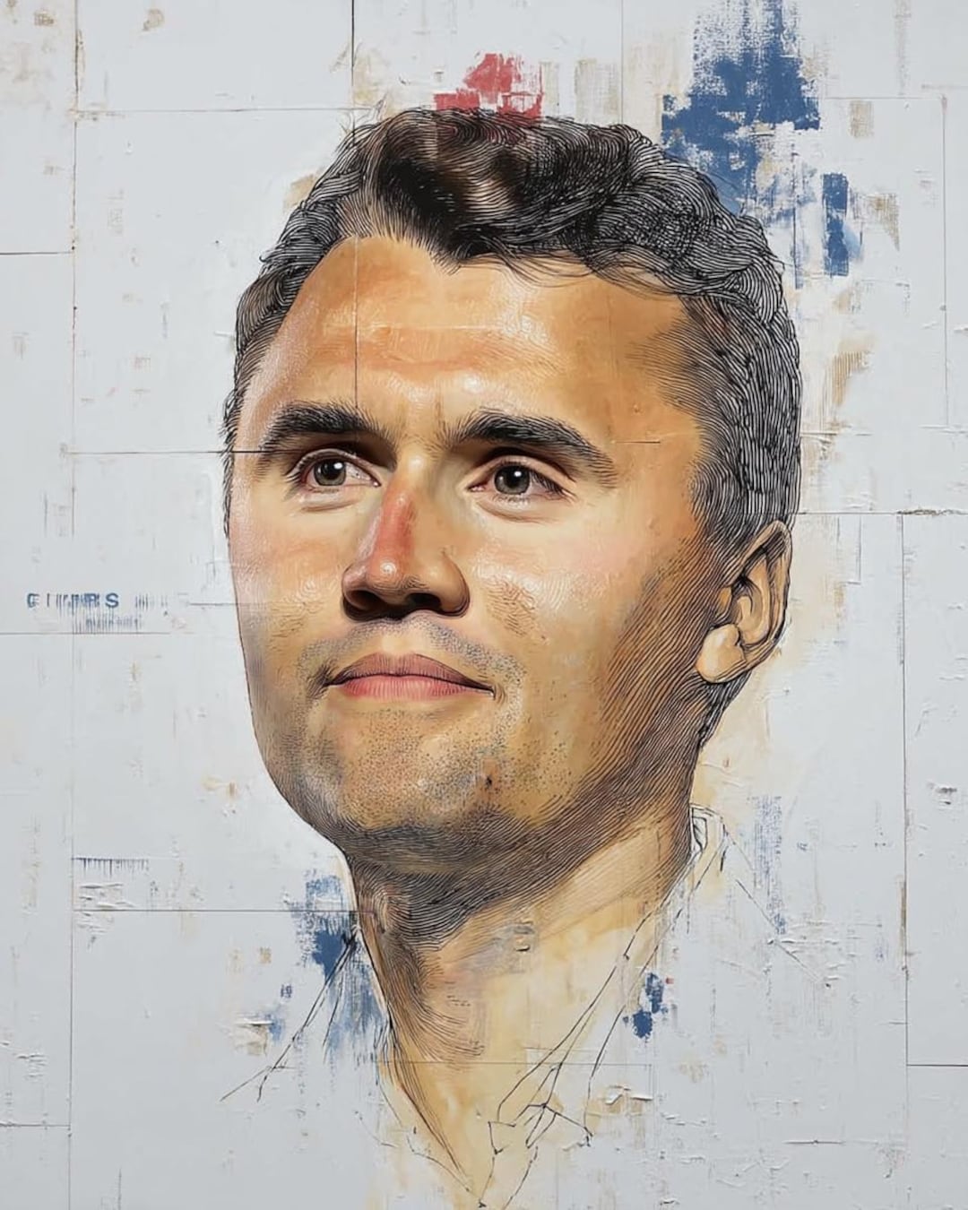 Charlie Kirk Portrait — Textured Plaster Wall | Blue & Brick-red ...
